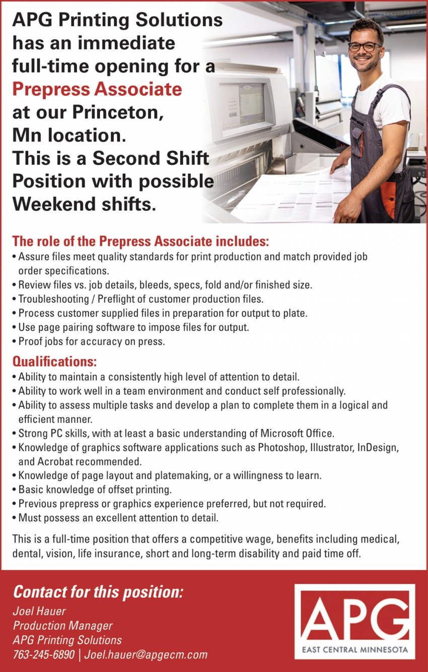 Prepress Associate, APG Printing Solutions