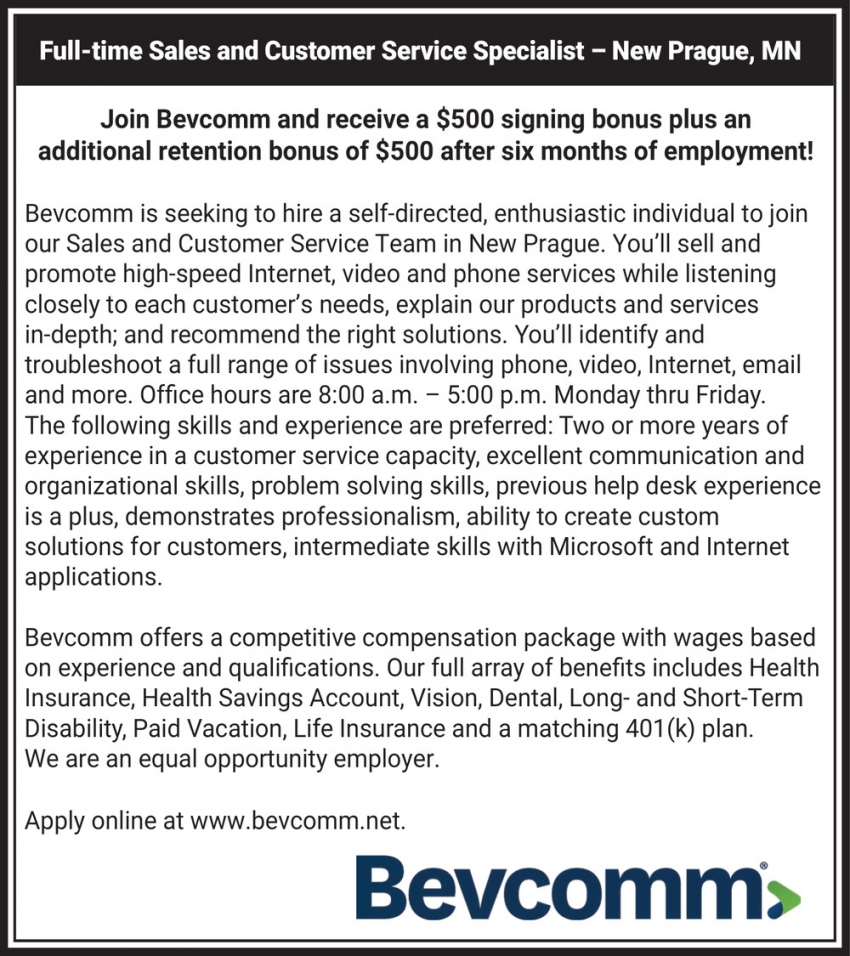 Full-Time Sales and Customer Service Specialist, Bevcomm HR Department ...