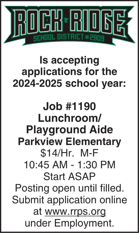 Lunchroom/Playground Aide, Rock Ridge Public Schools, Virginia, MN