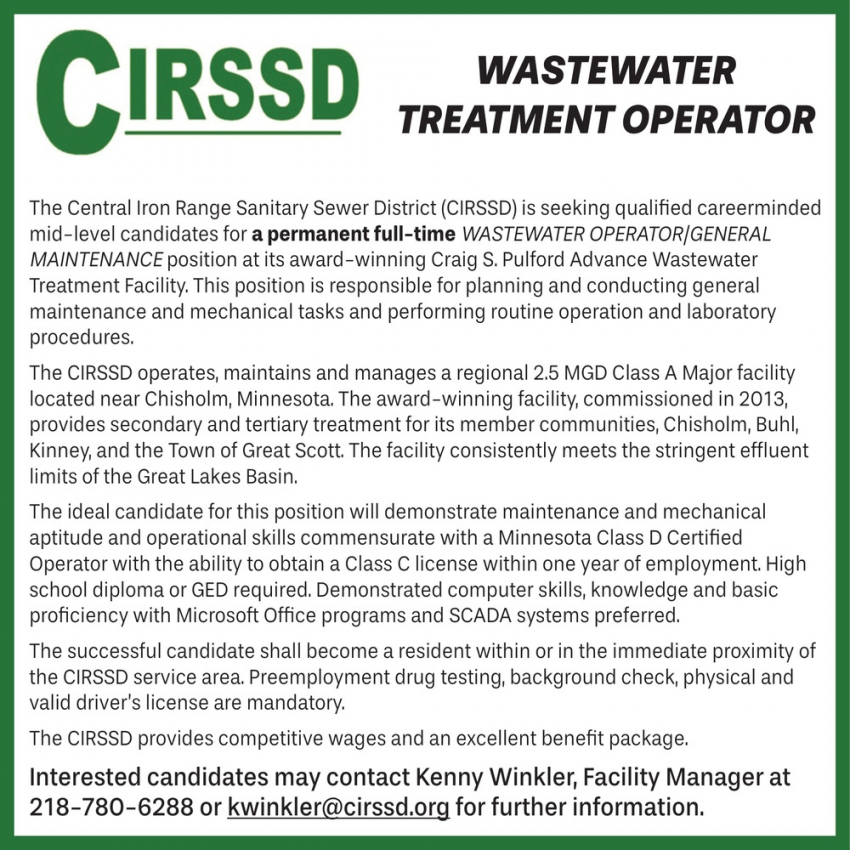 Wastewater Treatment Operator, Central Iron Range Sanitary Sewer District