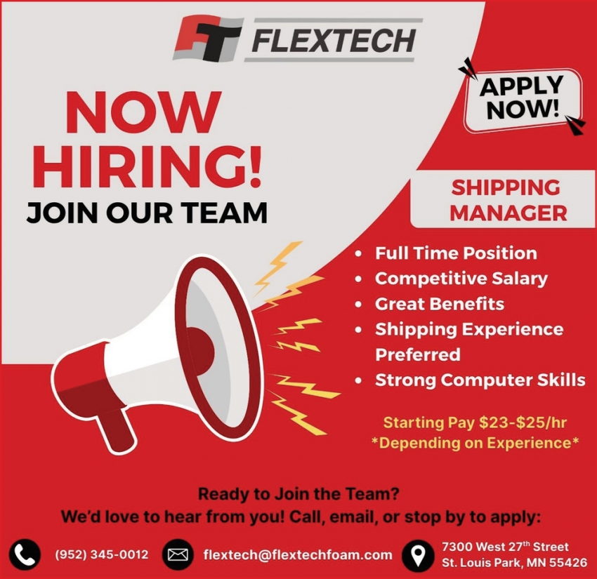 Shipping Manager, Flextech, Inc, Saint Louis Park, MN