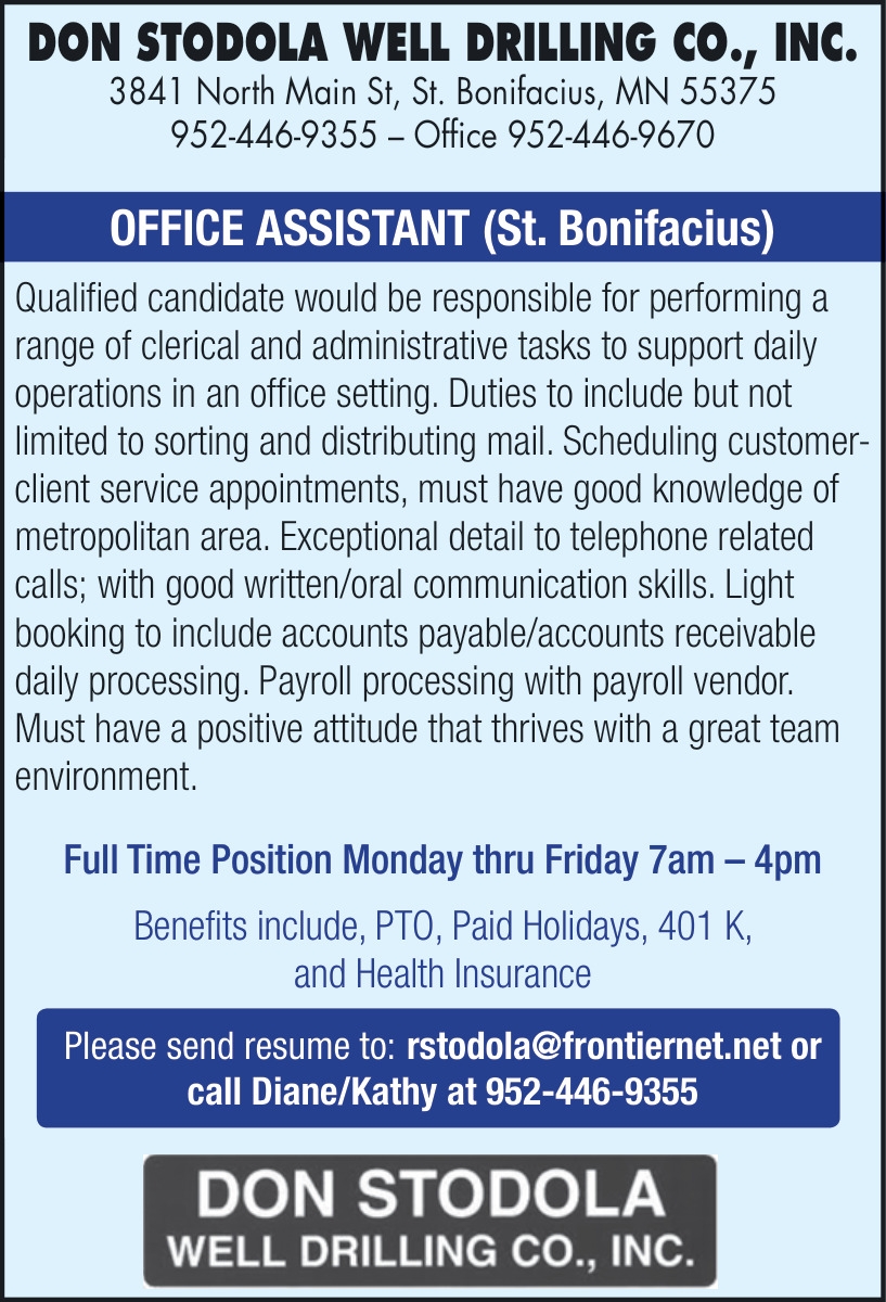 Office Assistant, Don Stodola Well Drilling Co., Inc, Saint Bonifacius, MN