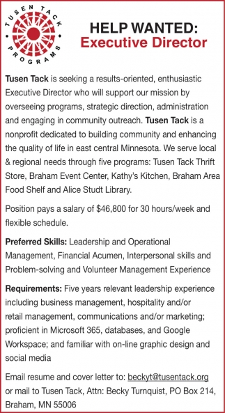 Executive Director, Tusen Tack, Braham, MN